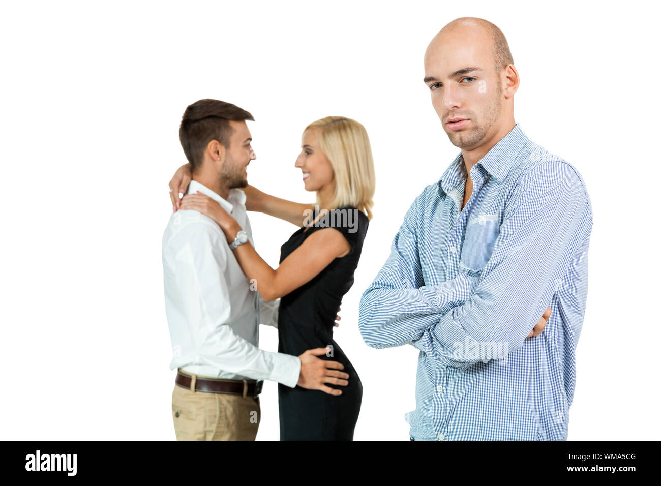 young man unhappy jealous couple behind isolated on white Stock Photo ...