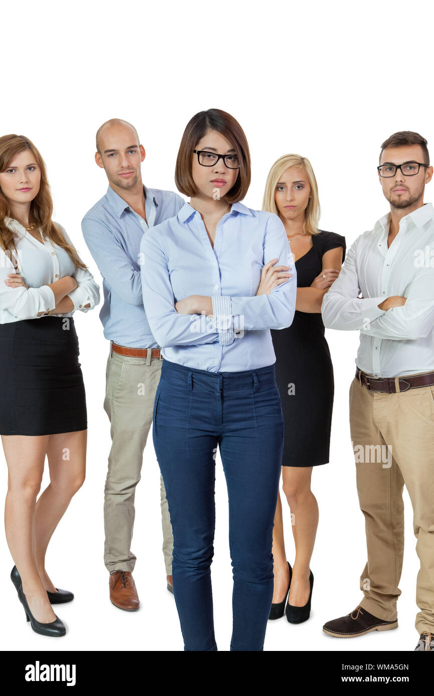 Successful business team of diverse young executives standing cheering ...