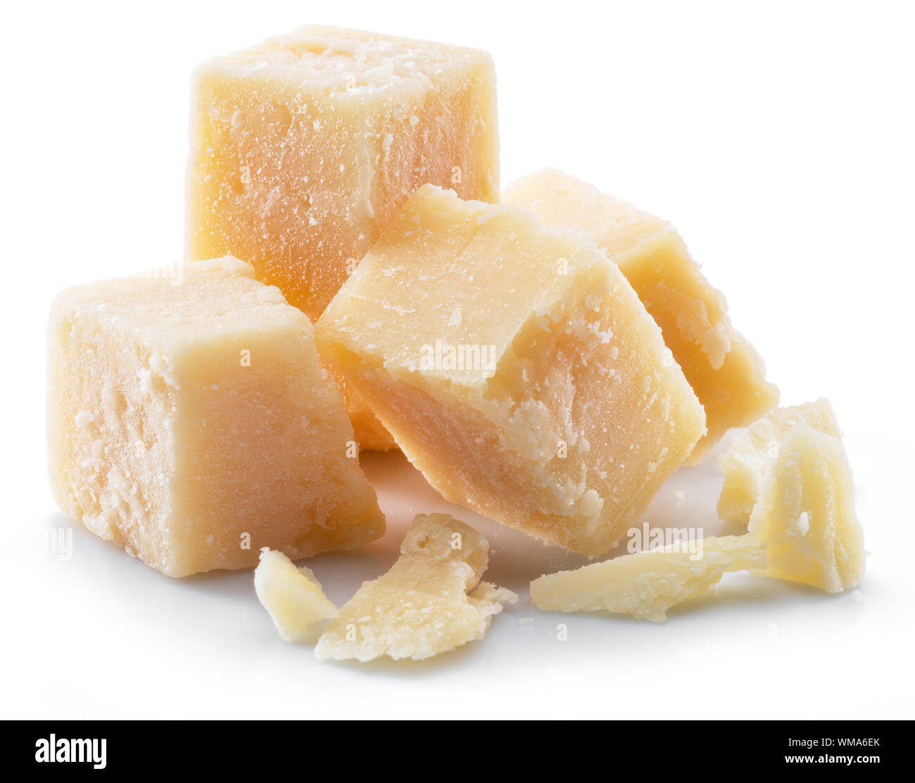 Parmesan cheese cubes isolated on white background Stock Photo - Alamy