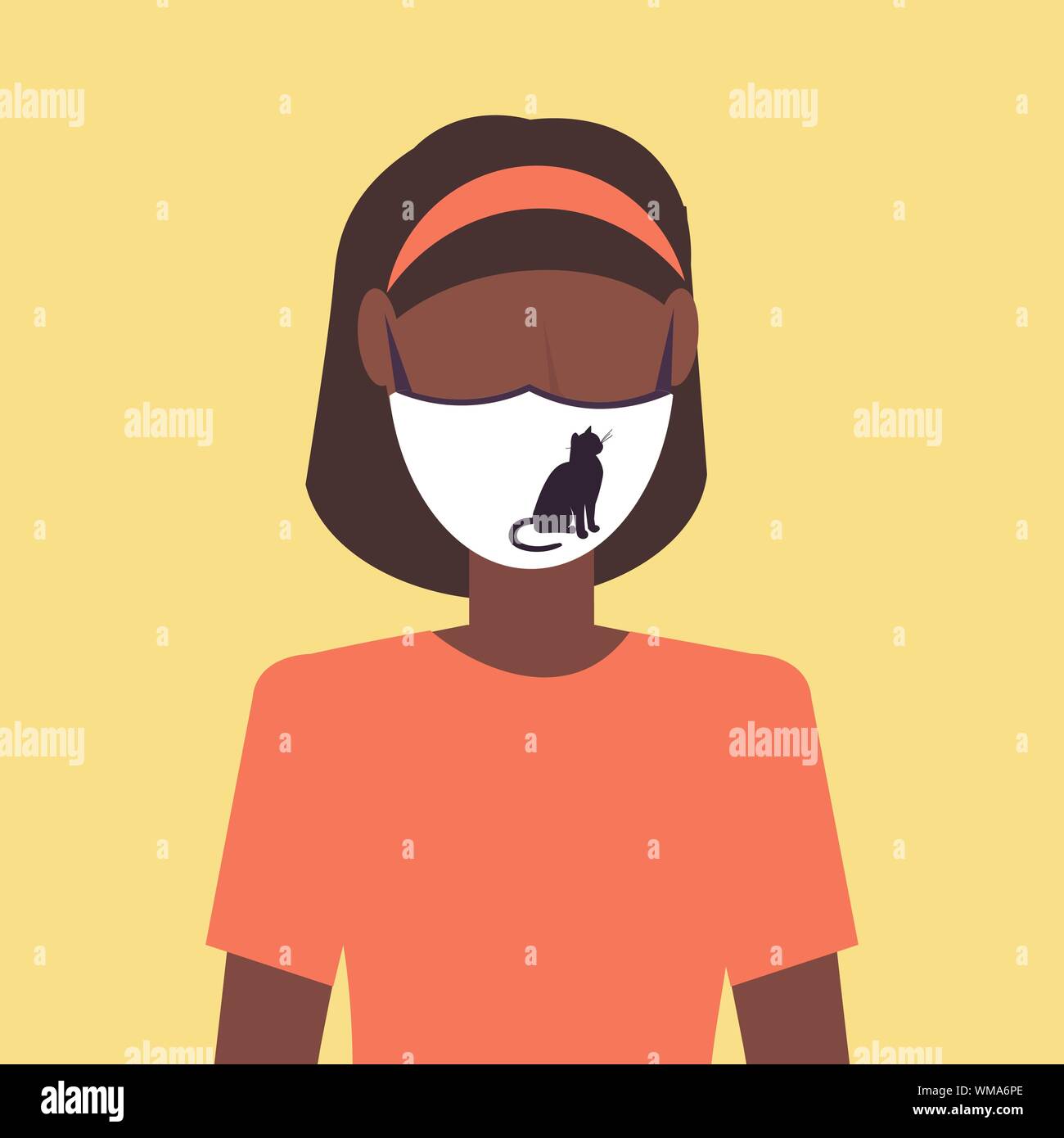 woman wearing protective face mask with cat icon smog air pollution ...