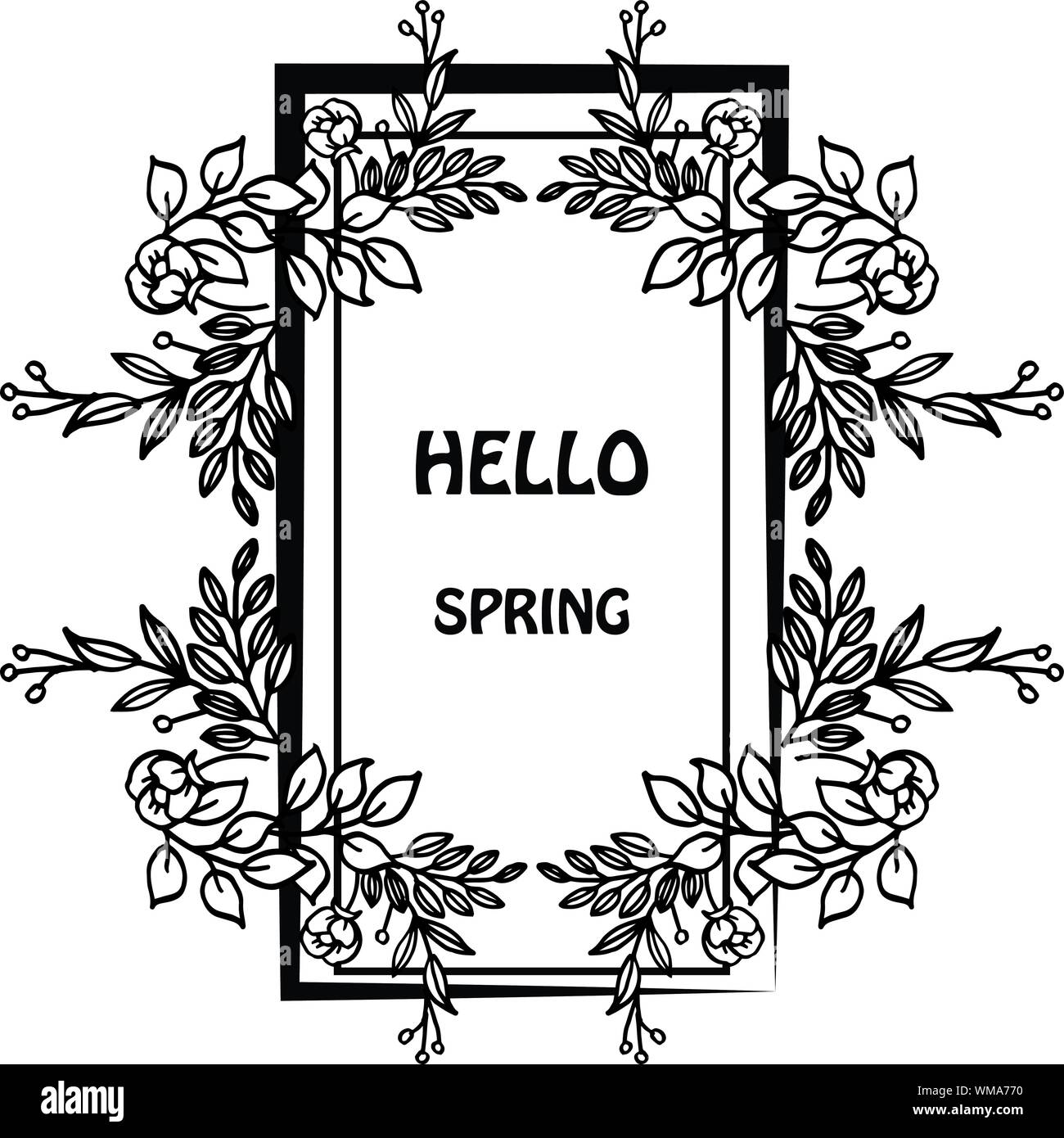 Lettering banner hello spring with artwork of leaf floral frame. Vector ...