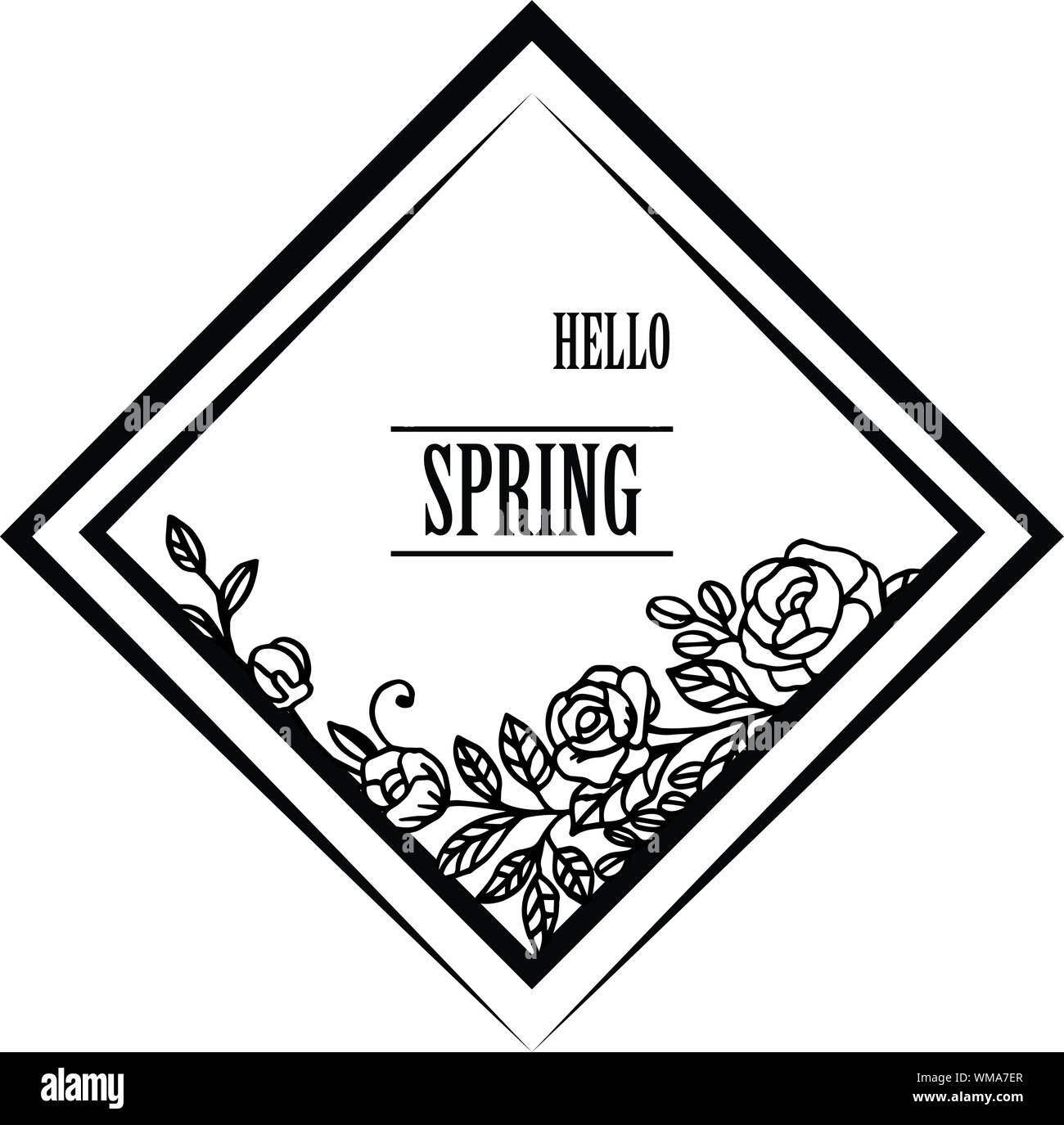 Card pattern of hello spring on white backdrop, with drawing of wreath ...