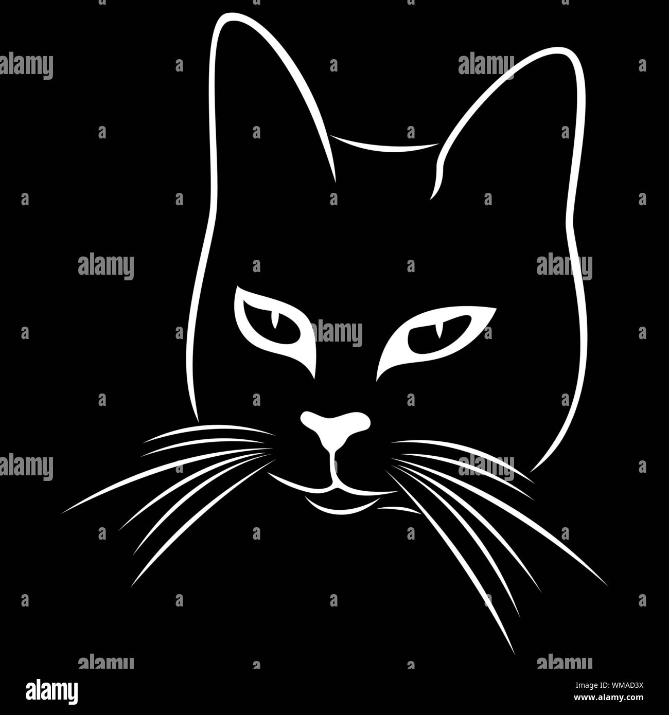 Stencil of abstract funny cat's muzzle, black vector hand drawing on ...