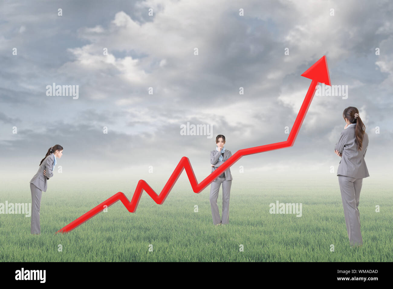 Business woman with upward arrow, concept of growth, increase, positive ...