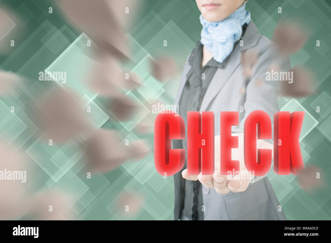 Concept of check, business woman holding a 3d text Stock Photo - Alamy