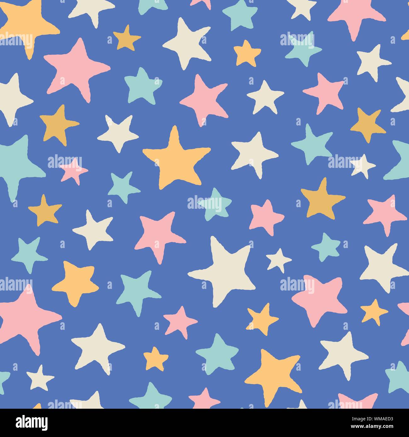 Fun star tossed seamless pattern in pink, blue, gold and white. A hand ...