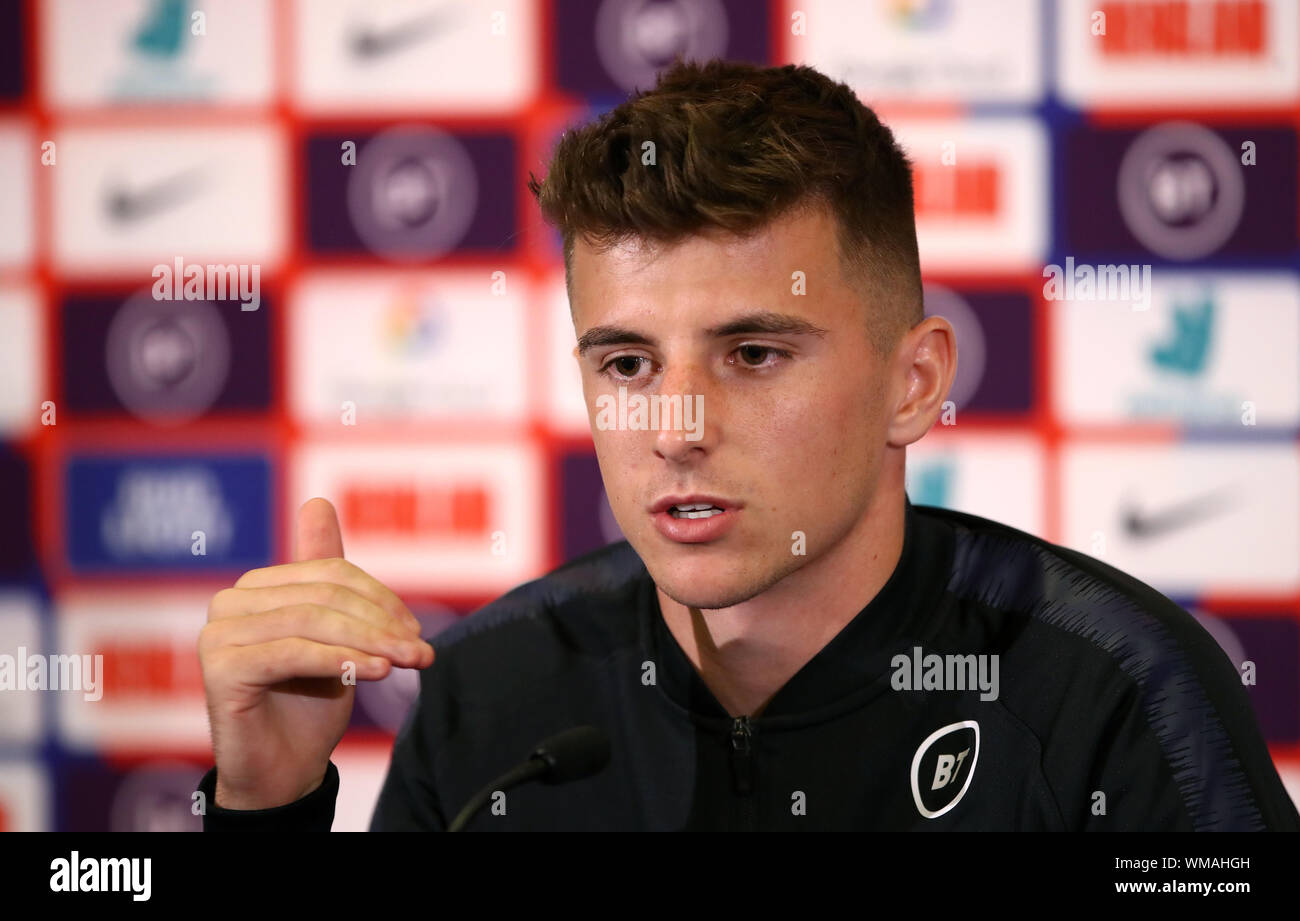 Mason Mount speaks to the press during the England Media Day at St ...