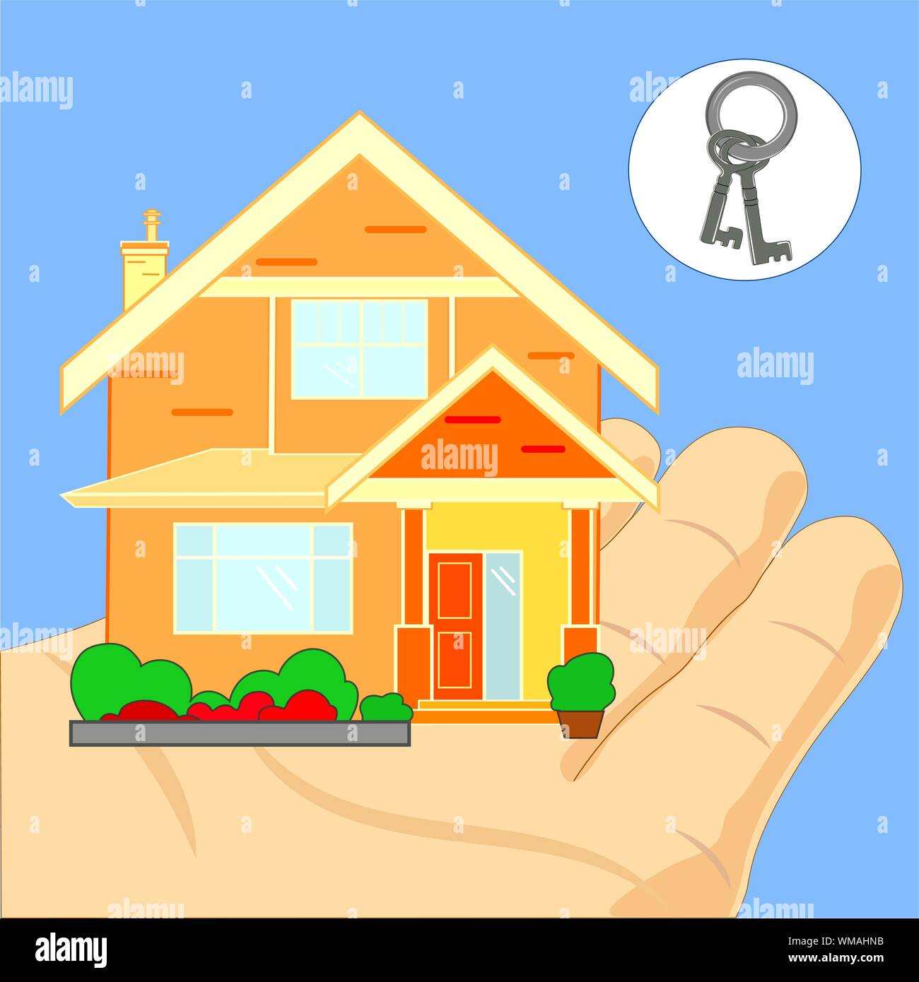 Flat drawing of the house. Agent's hand with the house in the palm ...