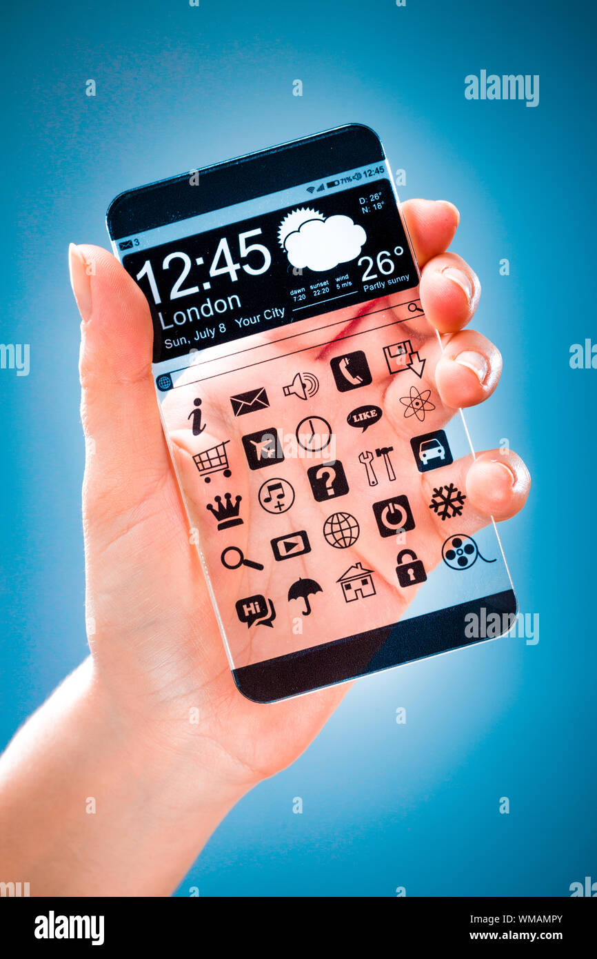 Futuristic Smart phone (phablet) with a transparent display in human ...