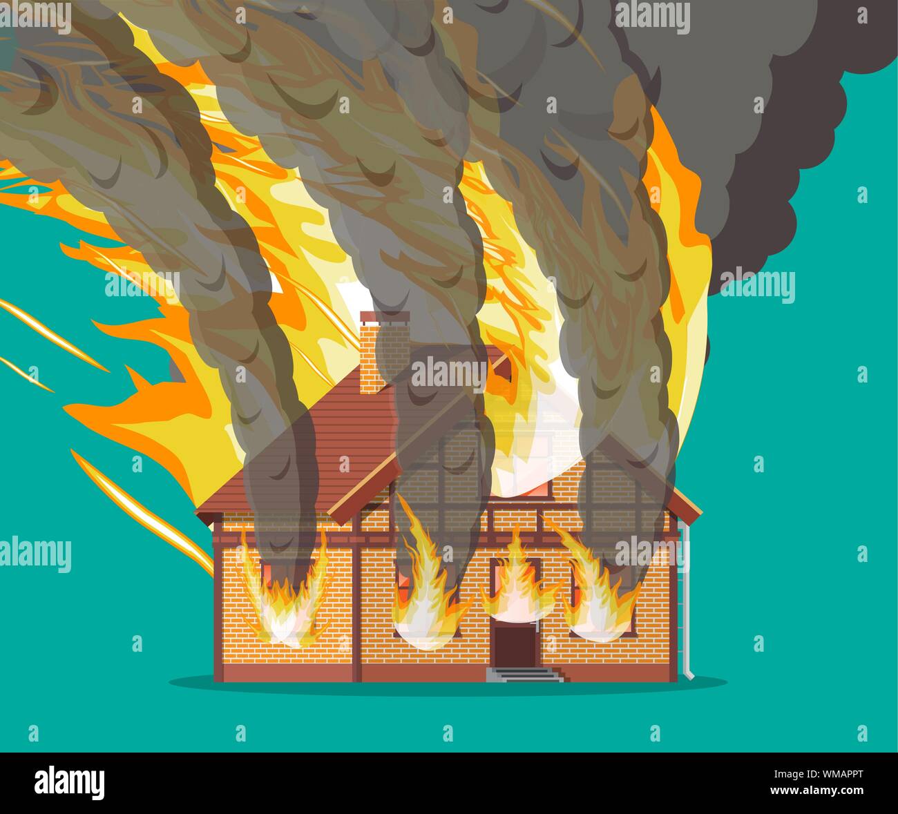 Wooden house burns. Fire in cottage. Orange flames in windows, black ...