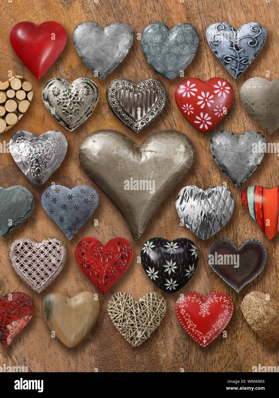Photos of many heart-shaped things made of stone, metal and wood on ...