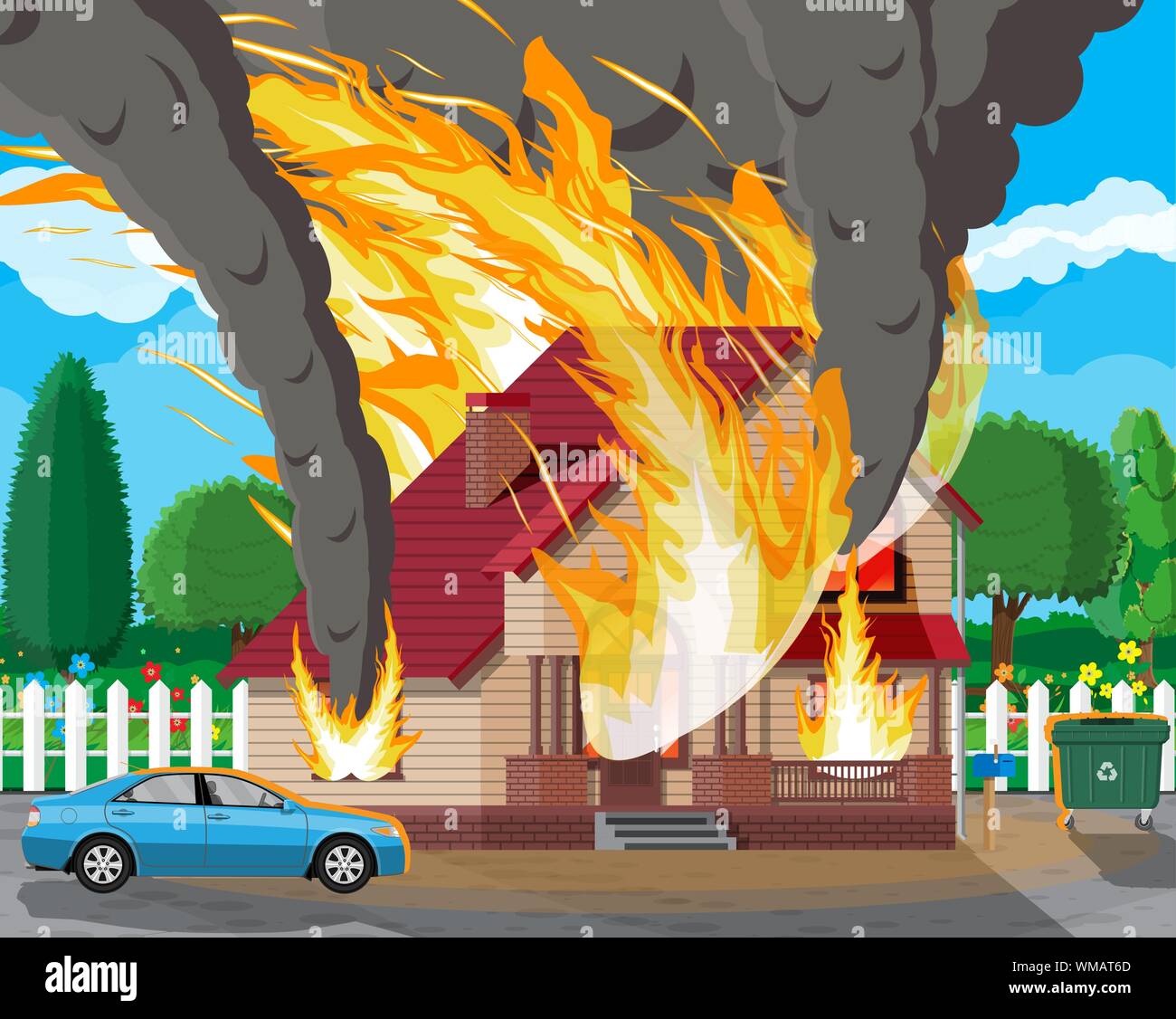 Wooden house burns. Fire in cottage. Orange flames in windows, black ...