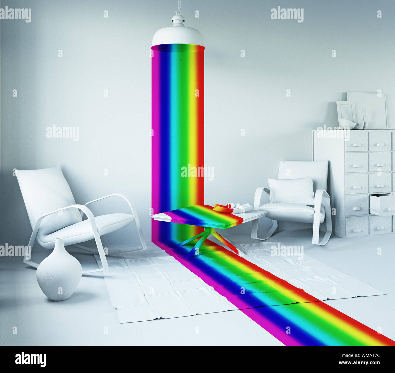 Rainbow color light from the lamp in a white interior. Art-style 3d ...