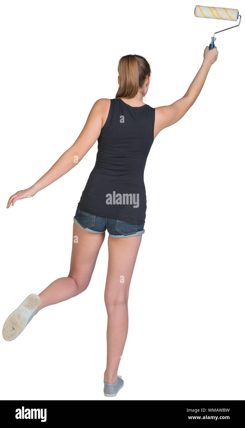 Woman using paint roller. Isolated on white background Stock Photo - Alamy