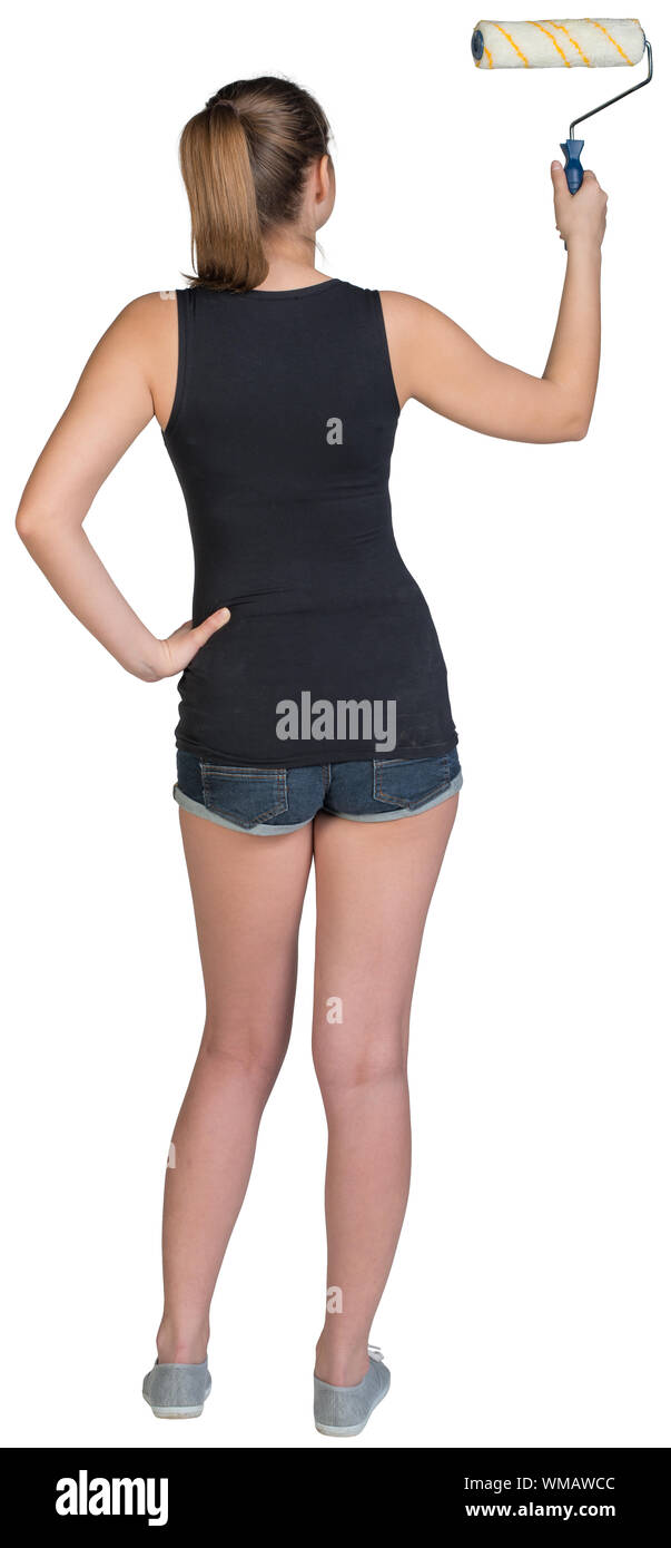 Woman using paint roller. Isolated on white background Stock Photo - Alamy