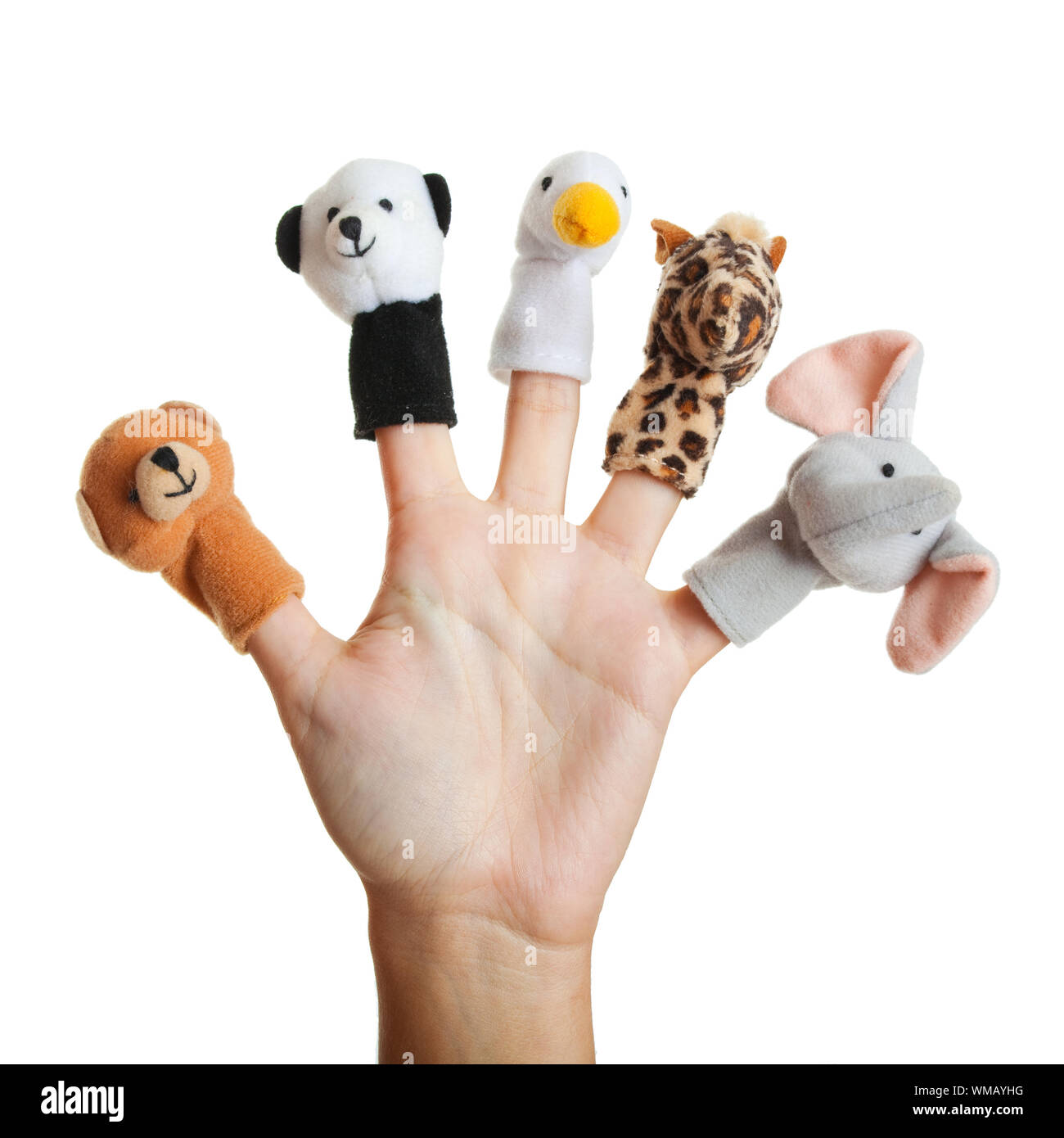 Female hand wearing 5 finger puppets; bear; panda; duck; giraffe ...