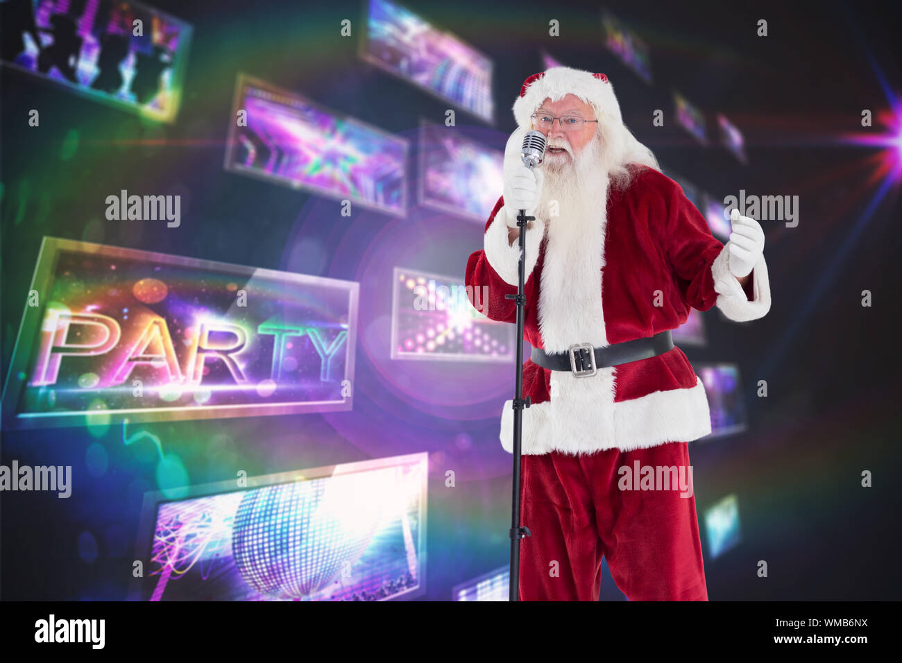 Santa sings like a Superstar against screen collage showing disco ...