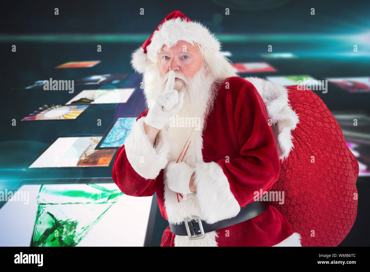 Santa asking for quiet with bag against screen collage showing ...