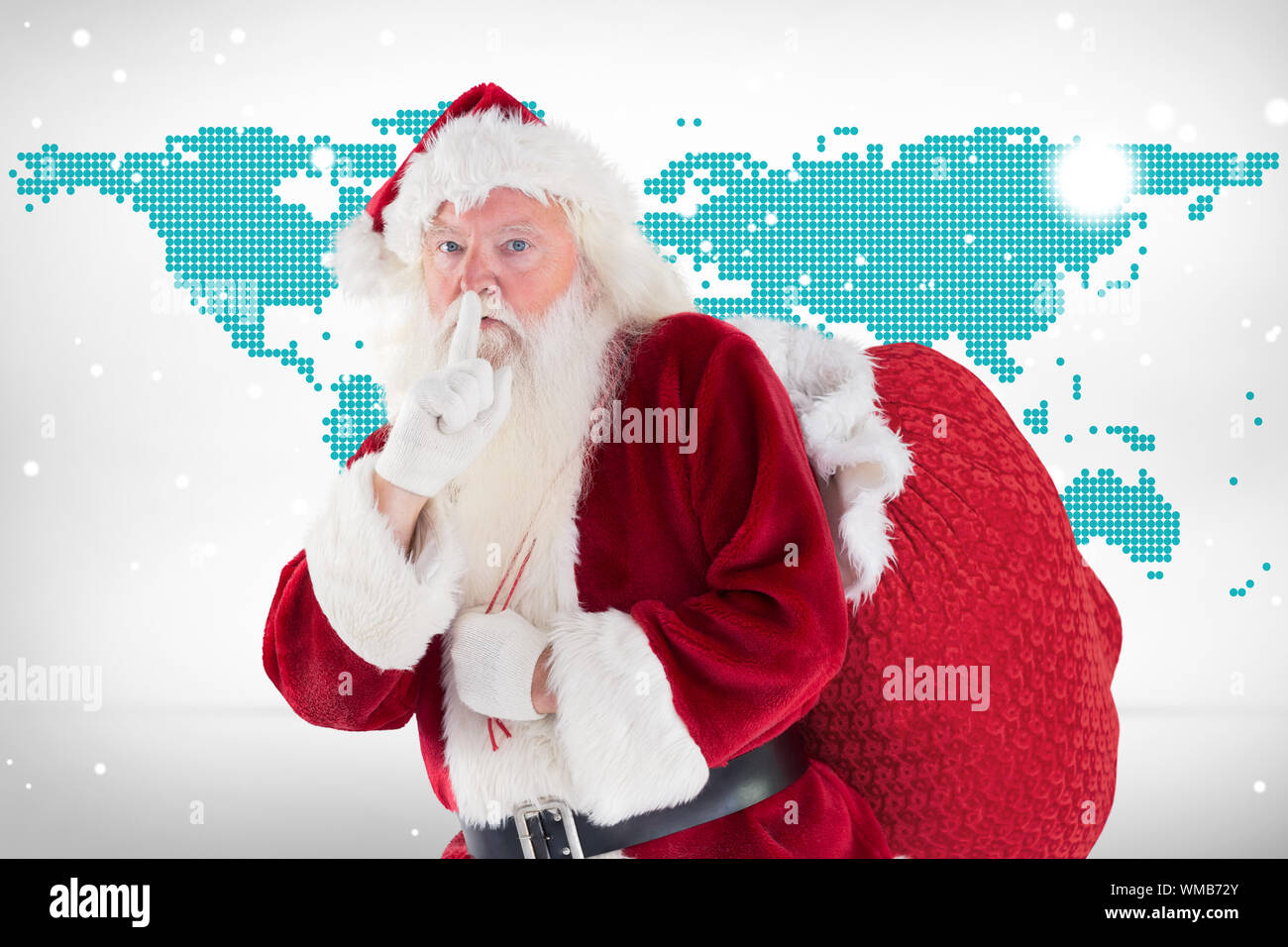 Santa asking for quiet with bag against green world map on white ...