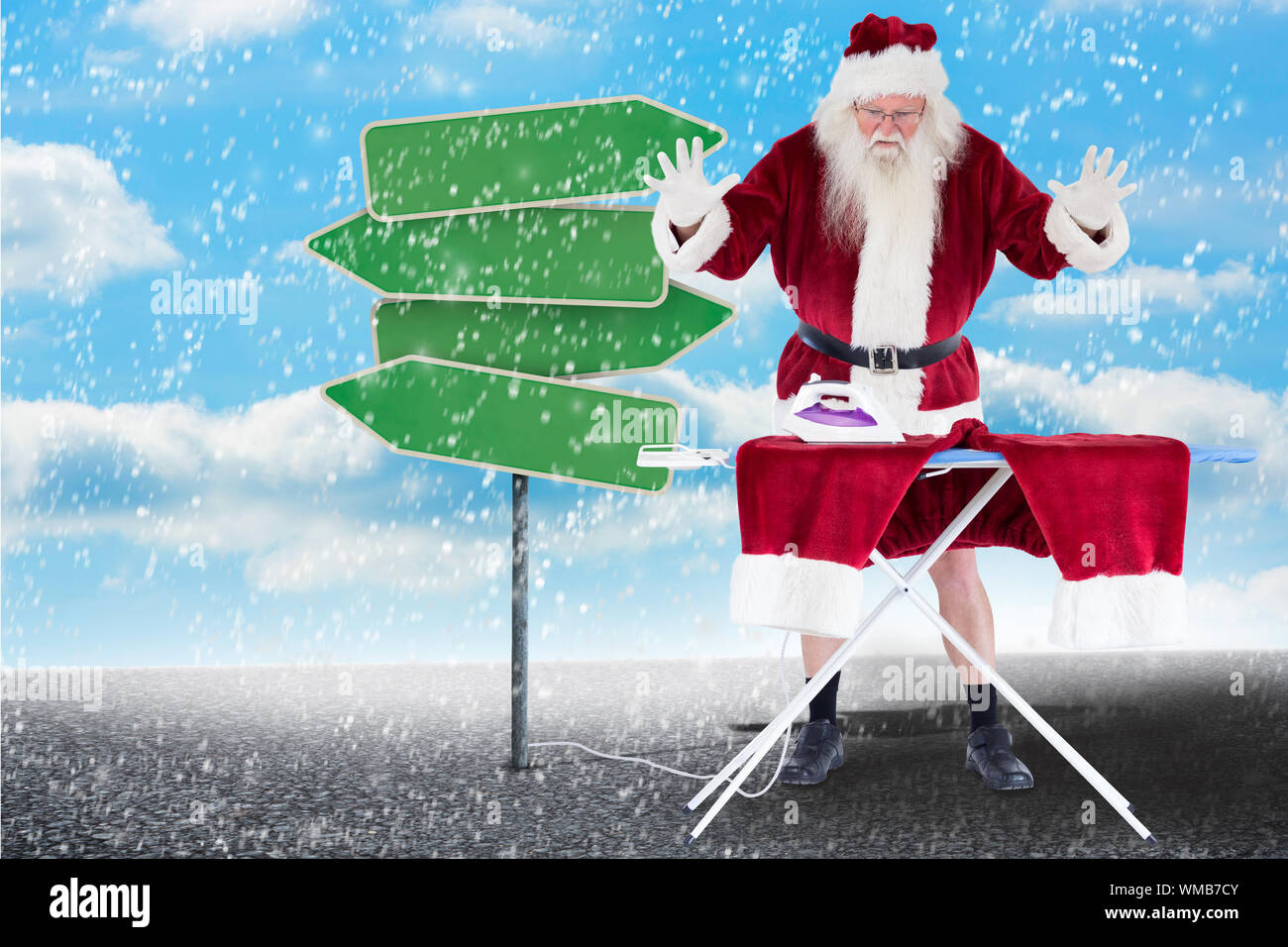 Santa is impressed about something on his pants against illustration of ...