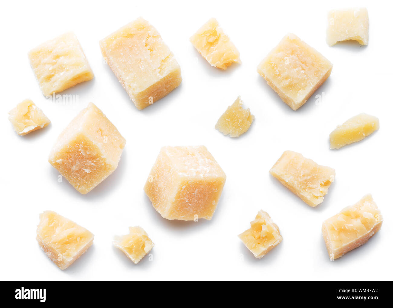 Parmesan cheese cubes and parmesan crumbs isolated on white background ...