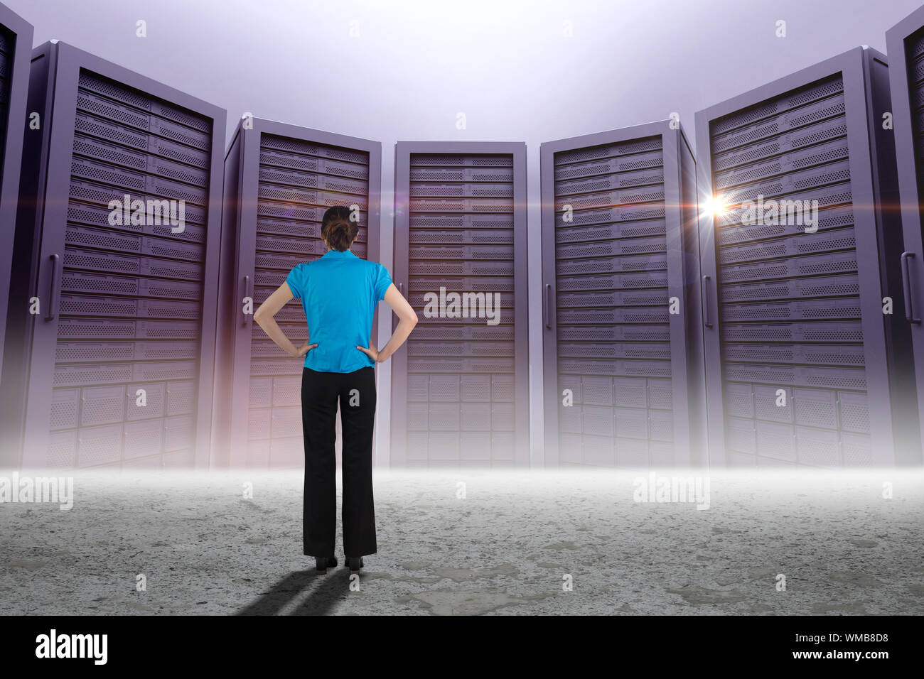 Young businesswoman standing with hands on hips against server towers ...