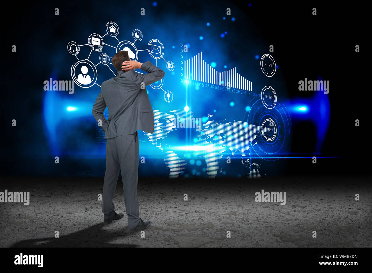 Thinking businessman against glowing blue technology interface Stock ...