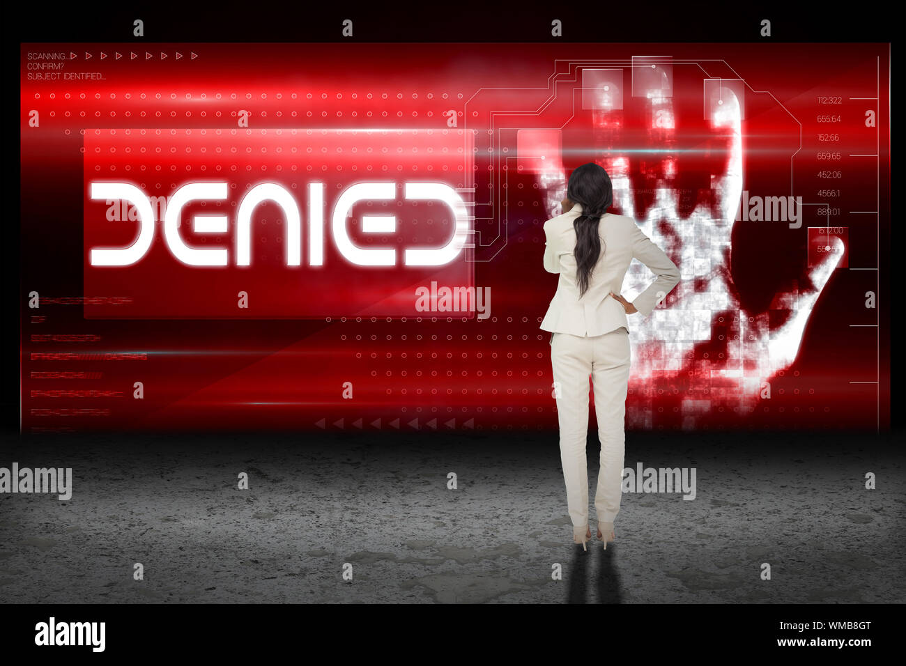 Thinking businesswoman against hand print authentication denied Stock ...