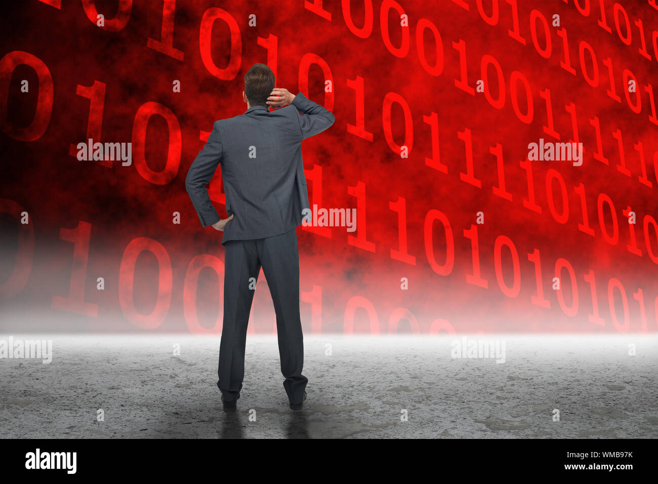 Thinking businessman against red binary code graphic Stock Photo - Alamy