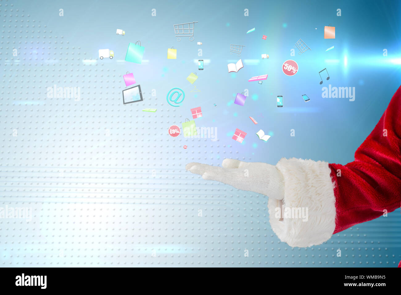 Santa claus presenting with hand against technical screen with pixels ...