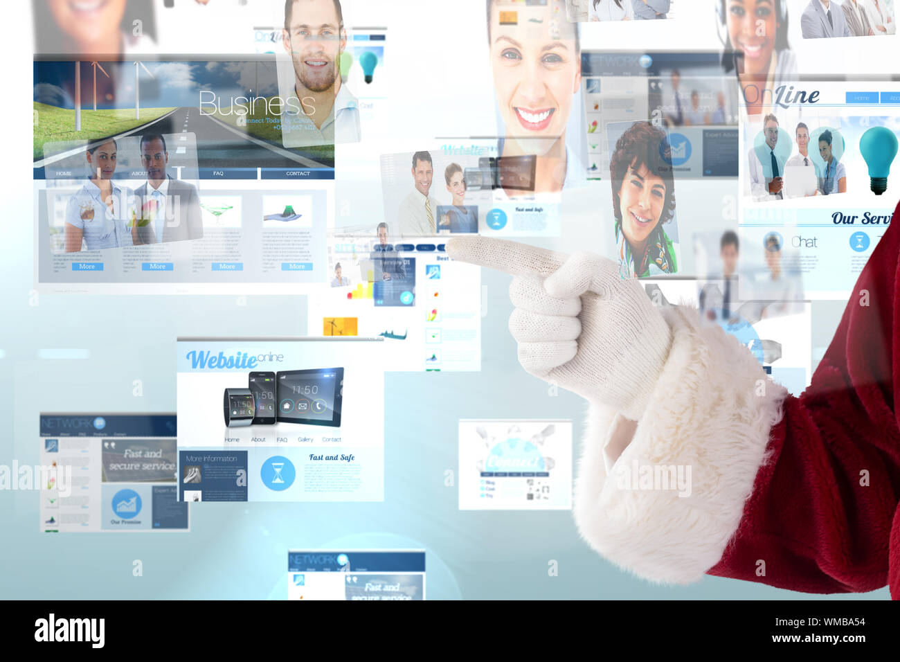 Santa Claus points at something against screen collage showing business ...