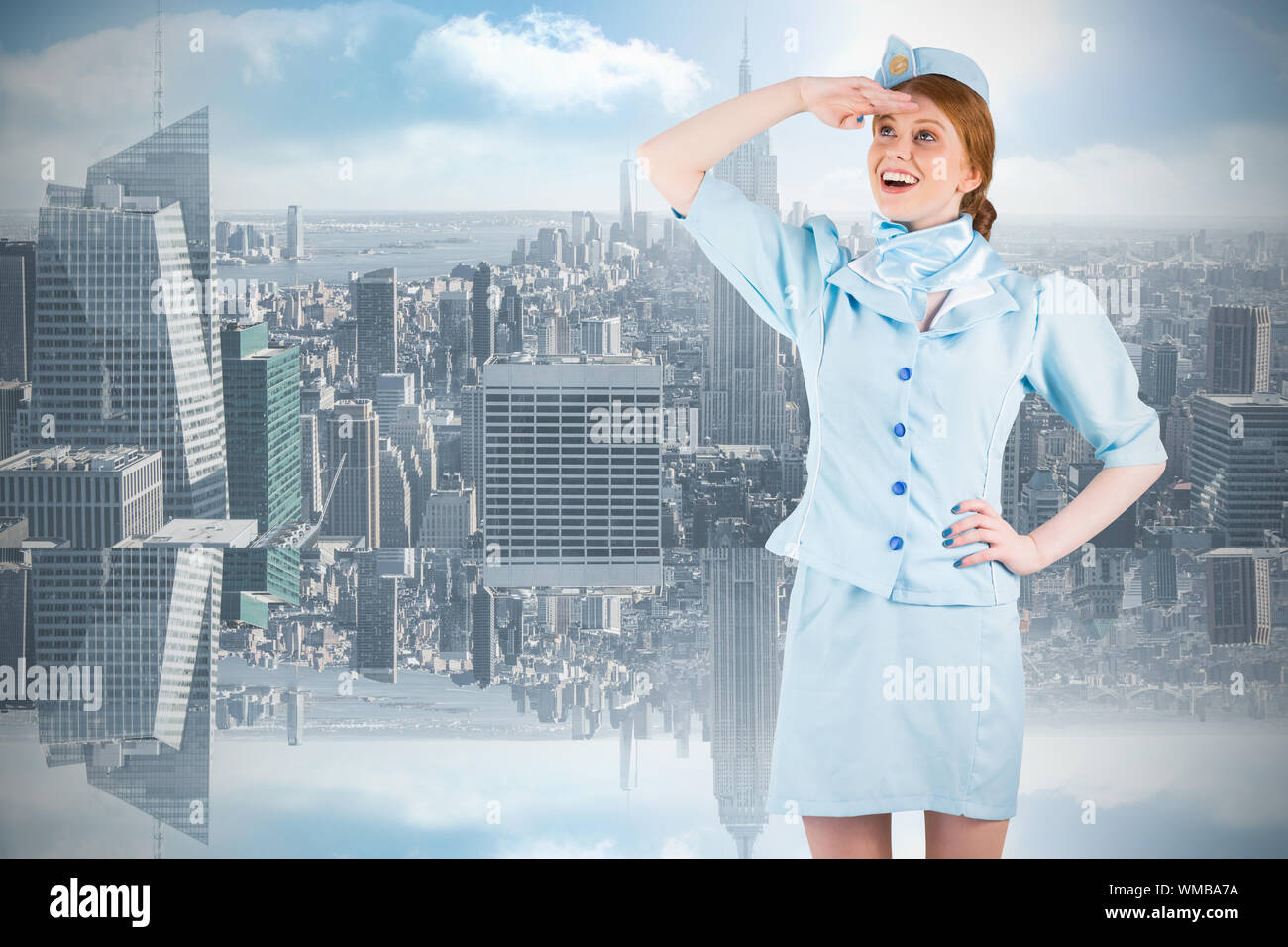 Pretty air hostess looking up against room with large window looking on ...