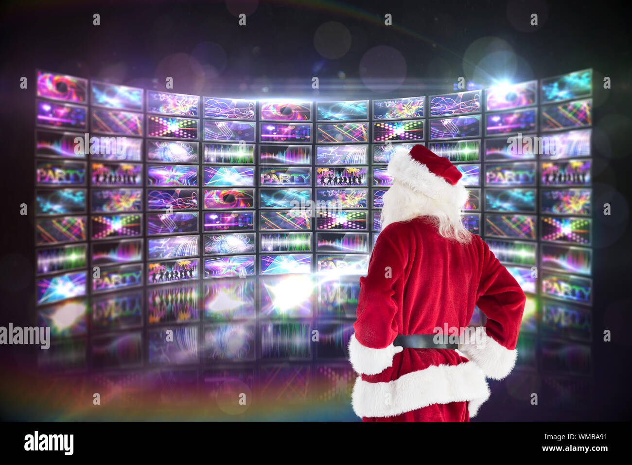 Santa looks away from the camera against screen collage showing disco ...
