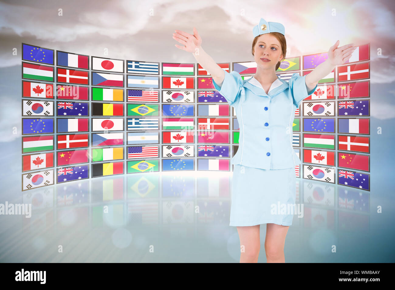 Pretty air hostess with arms raised against screen collage showing ...