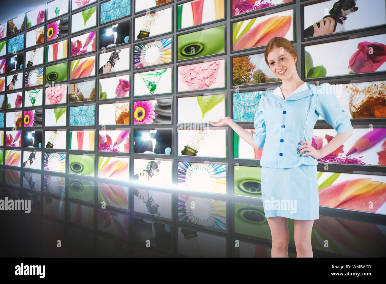 Pretty air hostess presenting with hand against screen collage showing ...