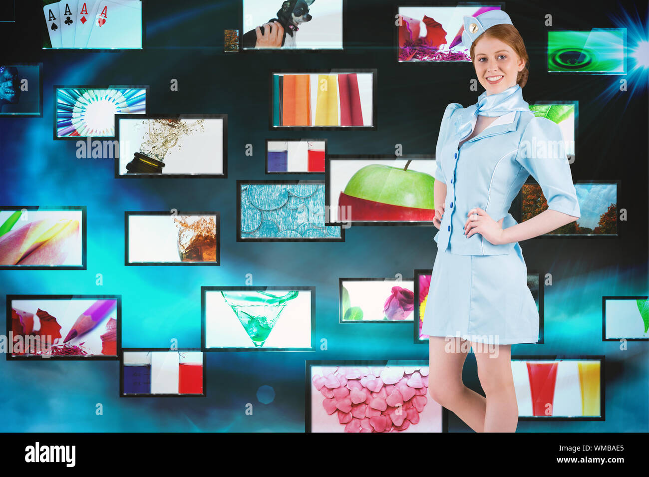 Pretty air hostess with hand on hip against screen collage showing ...