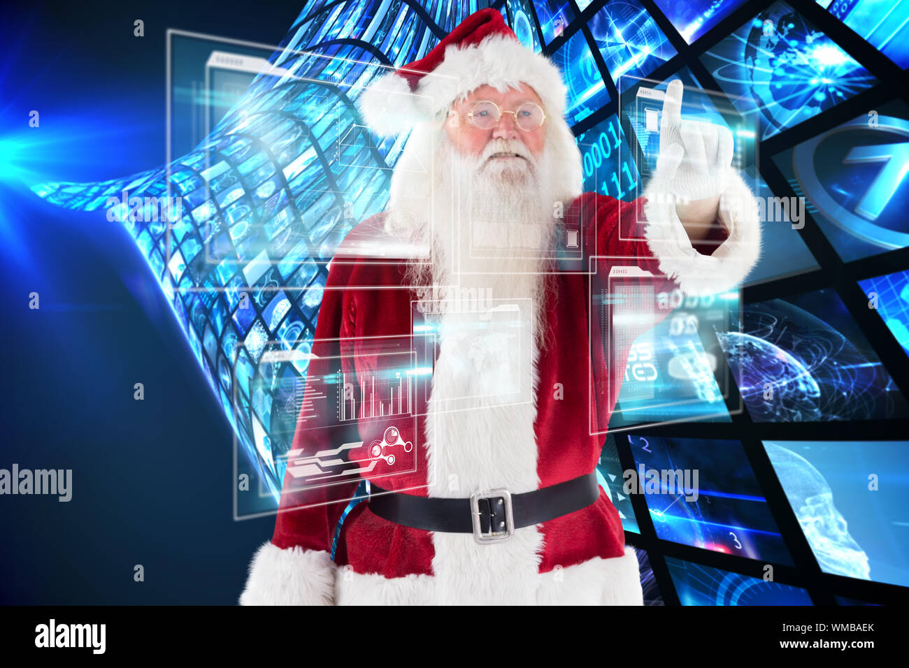 Santa Claus points at something against wave of digital screens in blue ...