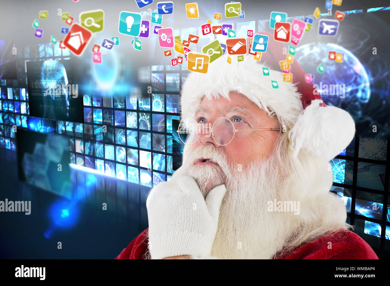 Santa is thinking about something against wall of digital screens in ...
