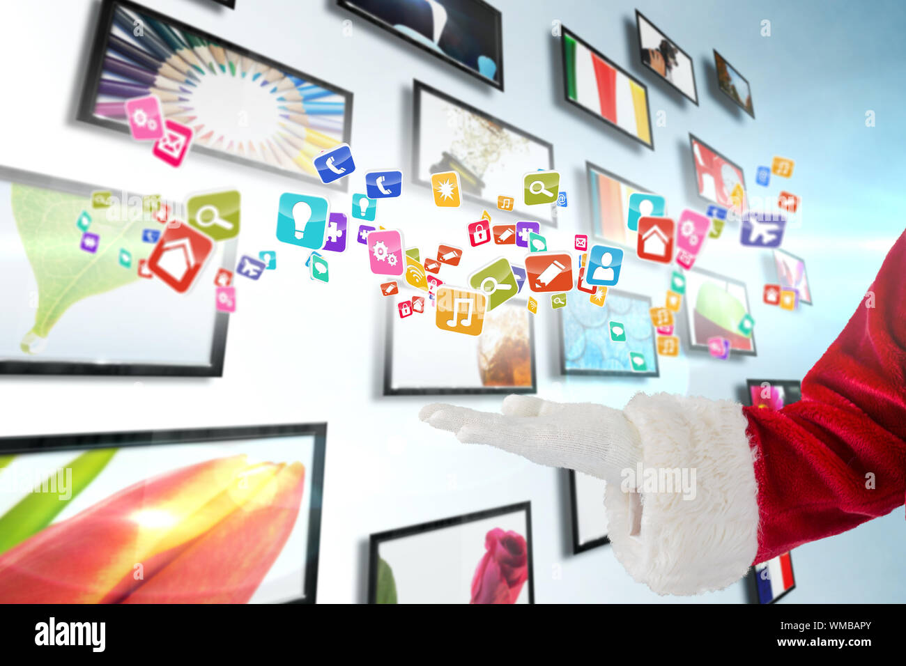 Santa claus presenting with hand against screen collage showing ...
