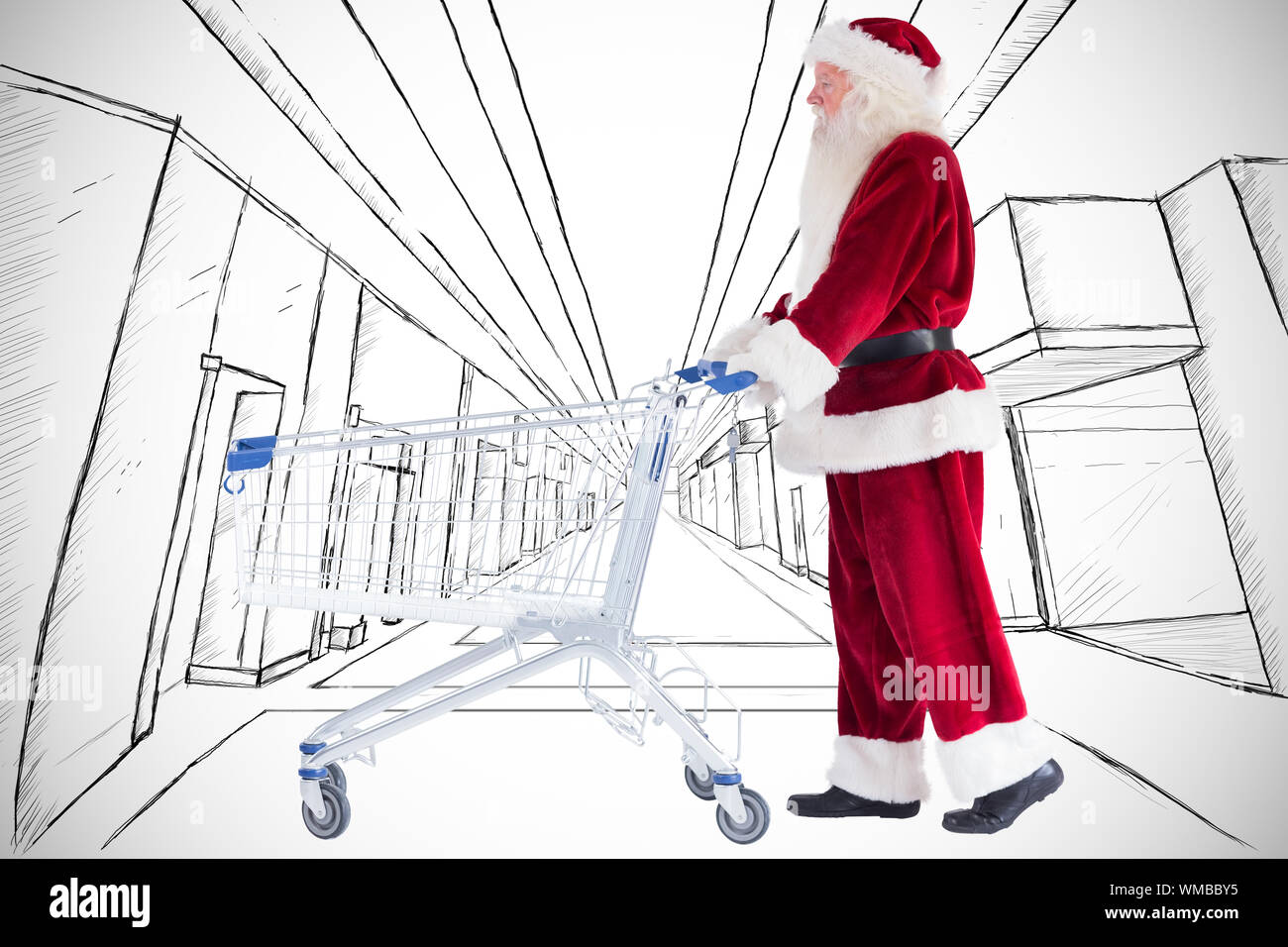 Santa pushes a shopping cart against white background with vignette ...