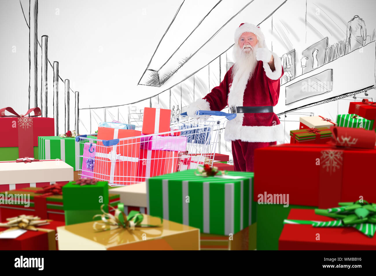 Santa delivering gifts from cart against white background with vignette ...