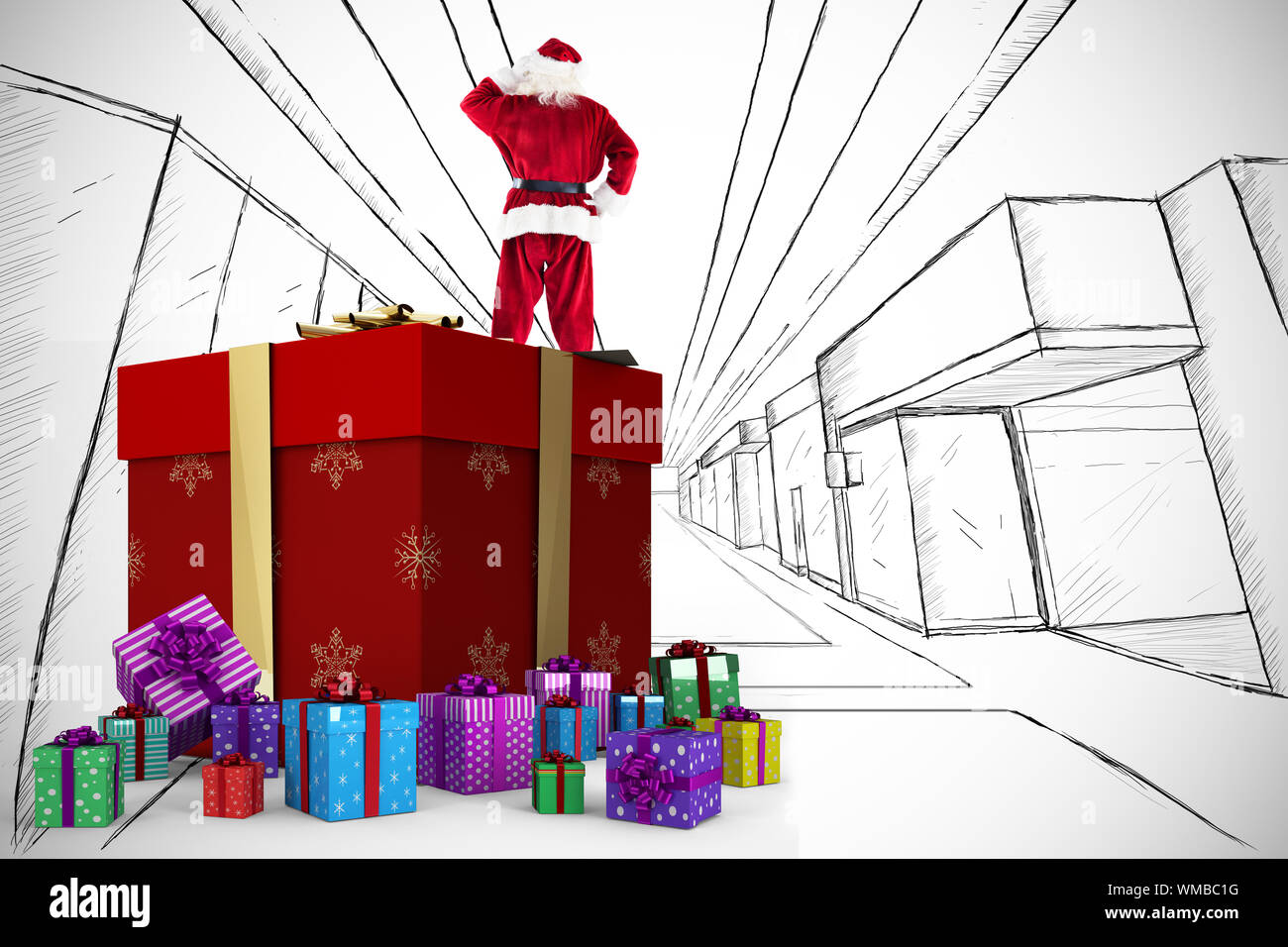 Santa standing on giant present against white background with vignette ...
