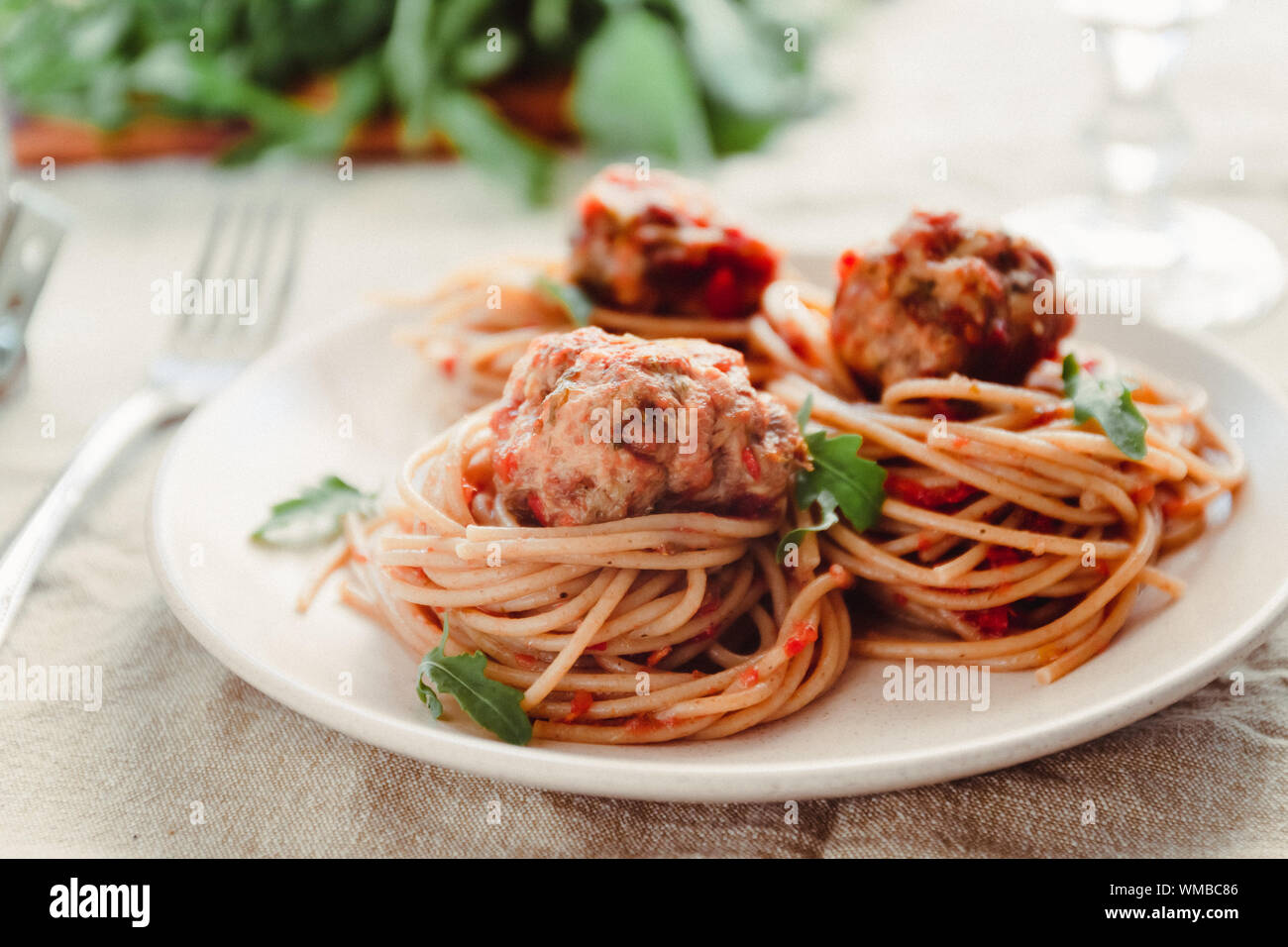 Original Italian Spaghetti With Meatballs In Tomato Sauce Stock Photo ...