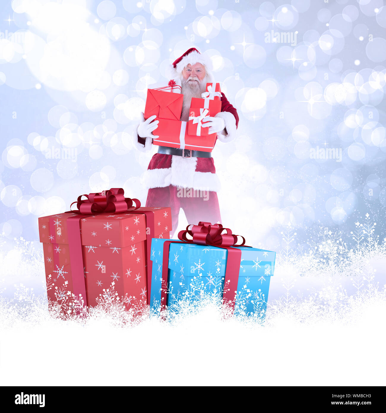 Santa carries a few presents against light glowing dots design pattern ...