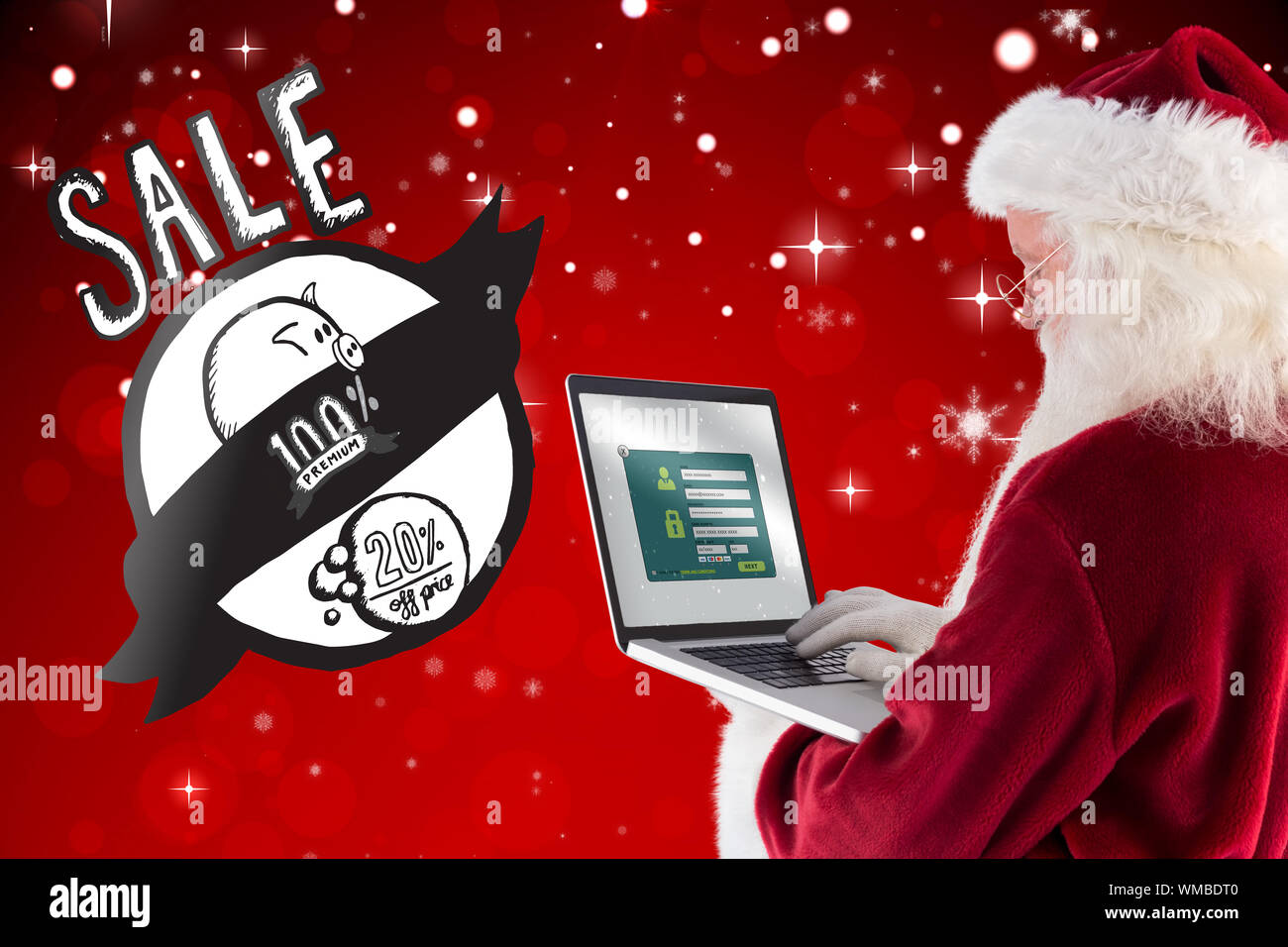 Santa Claus uses a laptop against red design with white stars Stock ...
