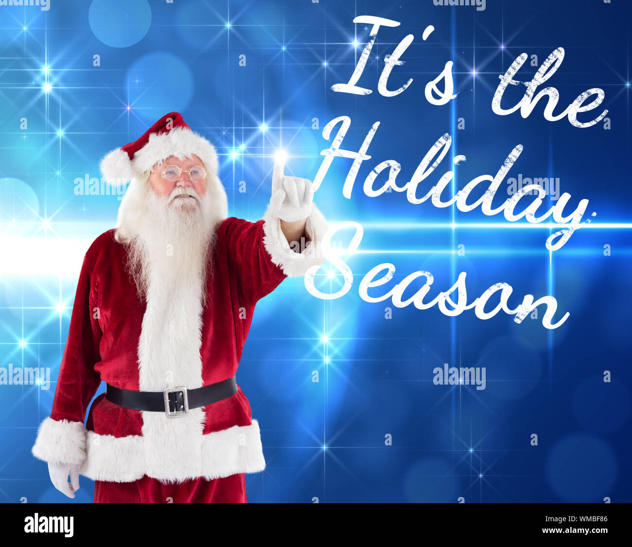 Santa Claus points at something against light design on blue background ...