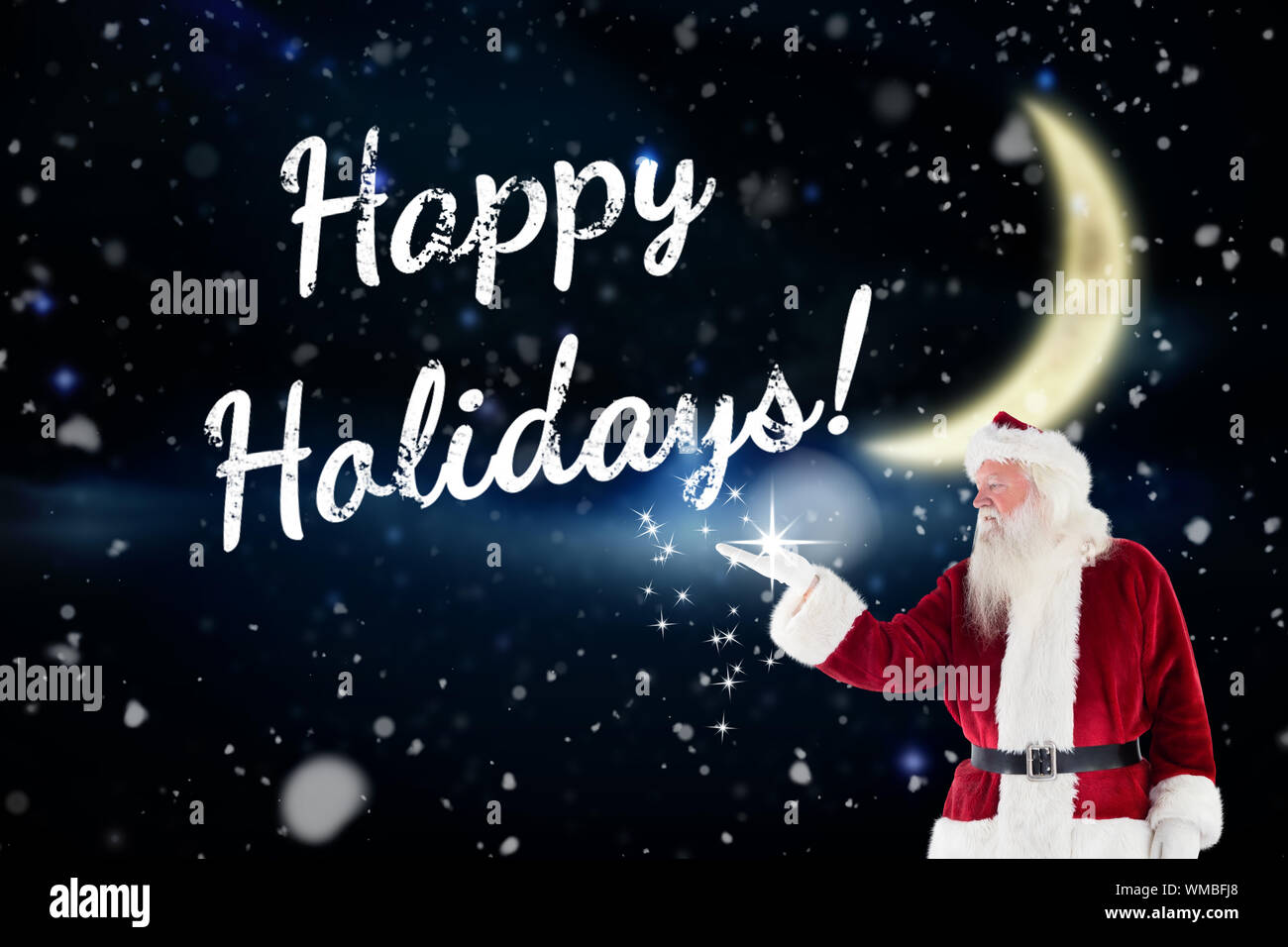 Santa shows something to camera against crescent moon in the night sky ...