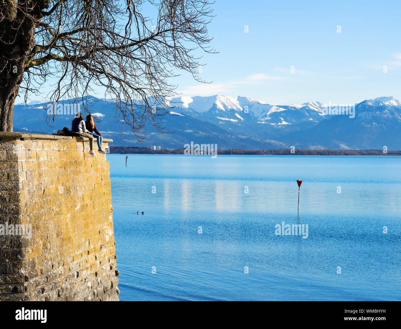 Beach on Lake Constance with stones, trees and people on a wall Stock ...