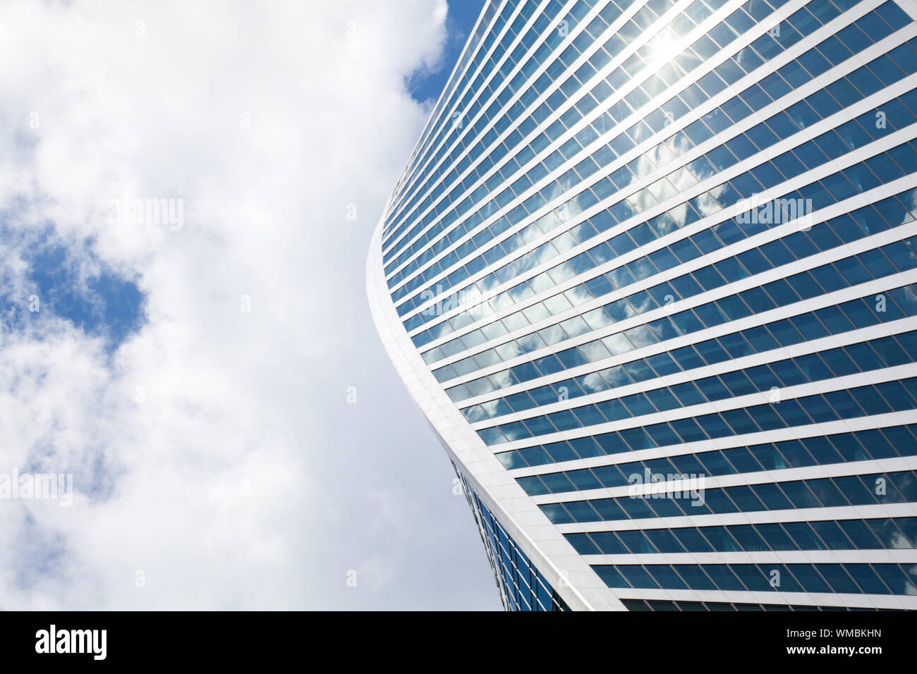 MOSCOW, RUSSIA JUNE 18, 2019 - Glass mirror skyscraper wall spiral ...