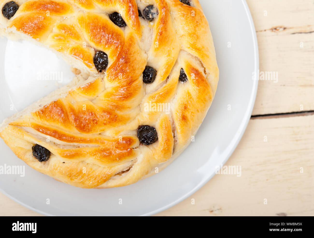 fresh home baked blueberry bread cake dessert over white wood table ...